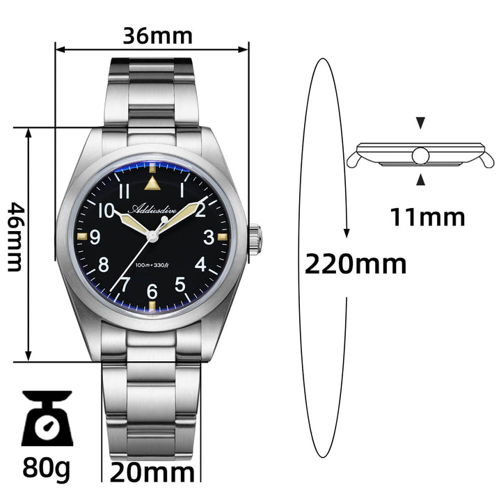 Addiesdive 36mm Titanium Military Field Watch AD2502