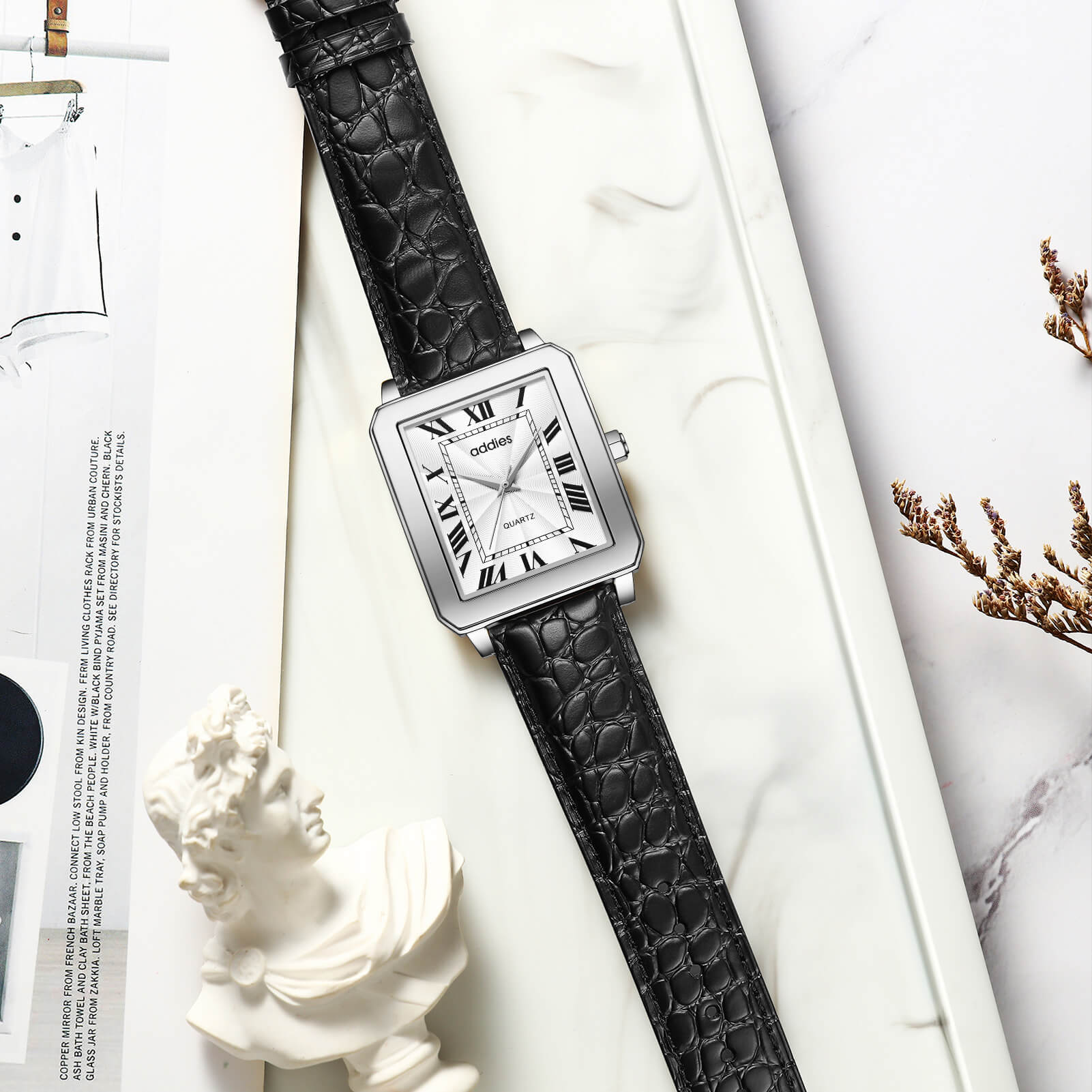 ADDIES Men's Quartz Analog Watch with Square Dial Leather Strap（MY-RM0 ...